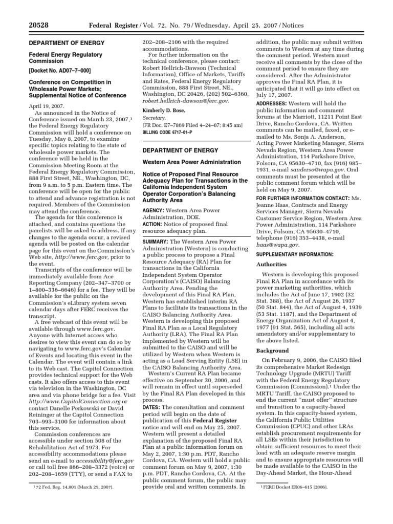 Notice: Resource Adequacy Plans: California Independent System Operator ...