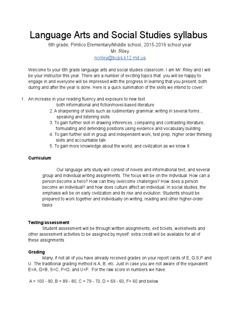6th Grade Language Arts & Social Studies Syllabus | PDF | Educational ...