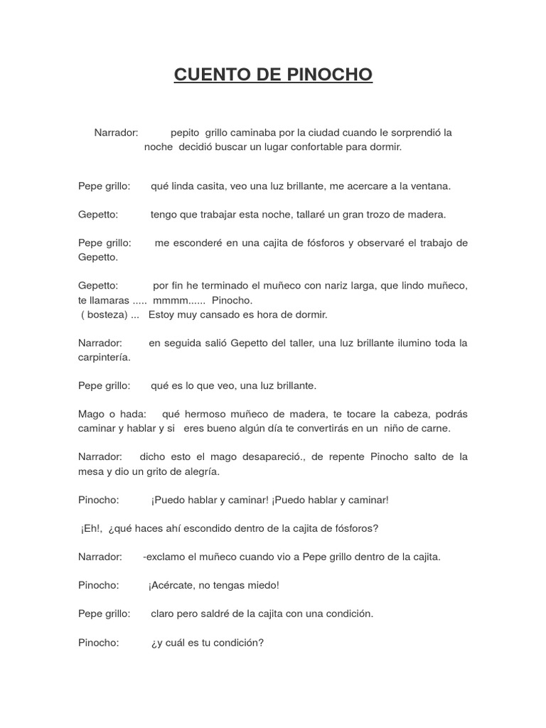 Guión Cuento de Pinocho | Pinocho | Ocio