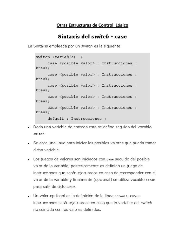 Sintaxis y Estructura del Switch Case | PDF | Métodos y materiales de ...