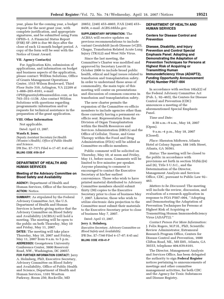 Notice: Meetings: Disease, Disability, and Injury Prevention and ...