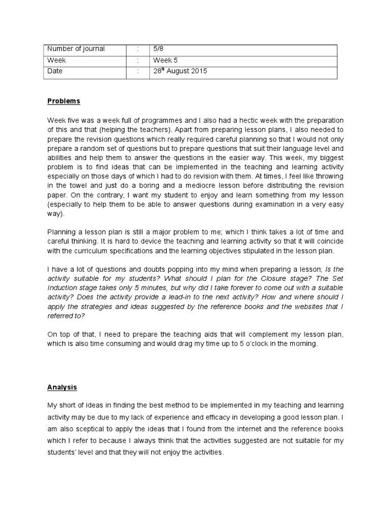 Week 5 Practicum Journal Insights | PDF | Lesson Plan | Sharing