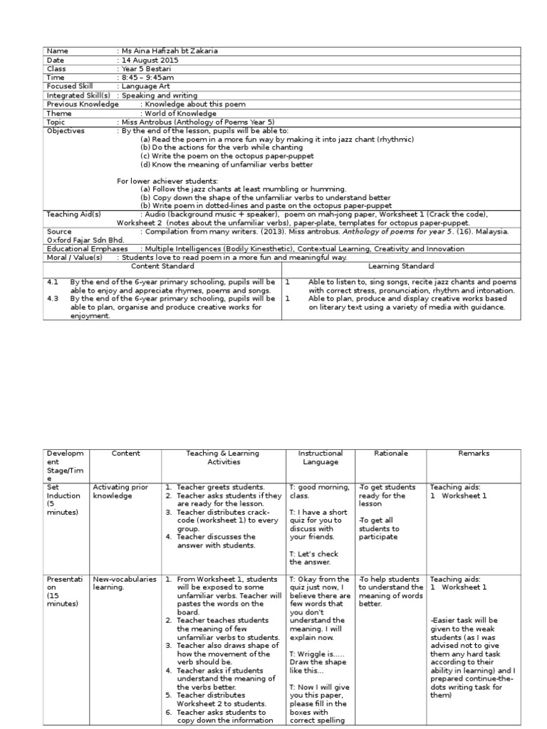 Lesson Plan Miss Antrobus Year 5 | PDF | Poetry | Teachers
