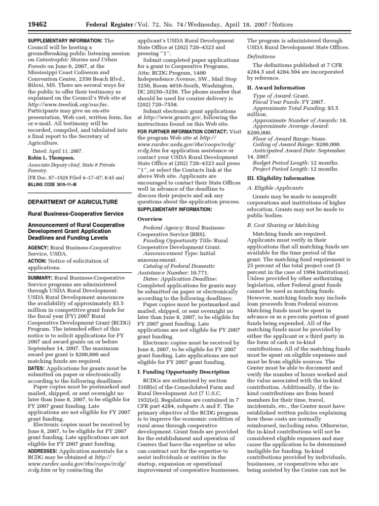 Notice: Grants and Cooperative Agreements Availability, Etc.: Rural Cooperative Development ...