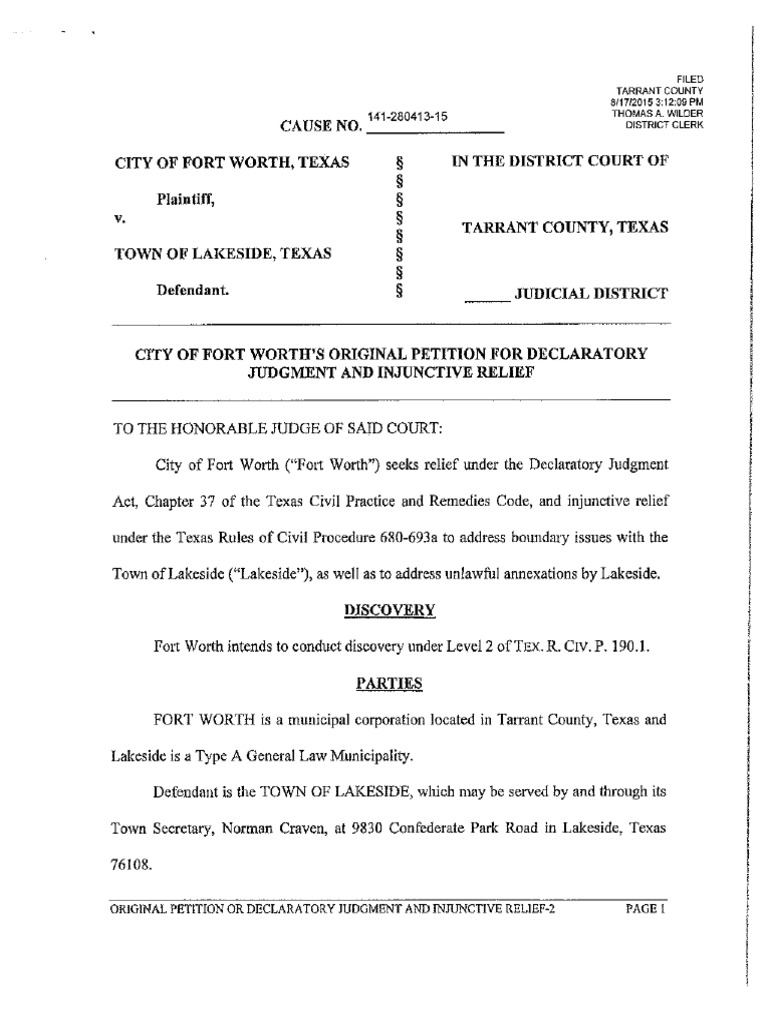 City of Fort Worth's Original Petition For Declaratory Judgment and Injunctive Relief | PDF