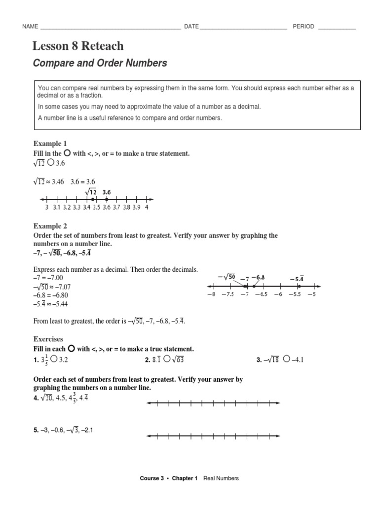 Reteach Compare and Order Real Numbers | PDF