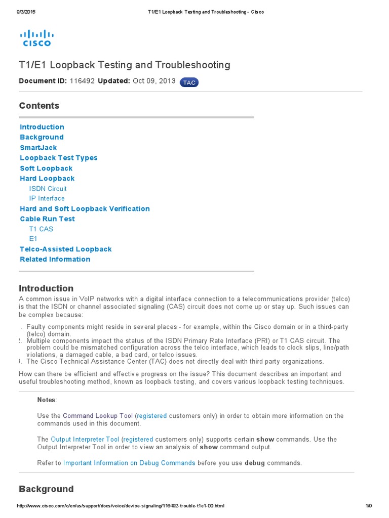 T1 - E1 Loopback Testing and Troubleshooting - Cisco | PDF ...