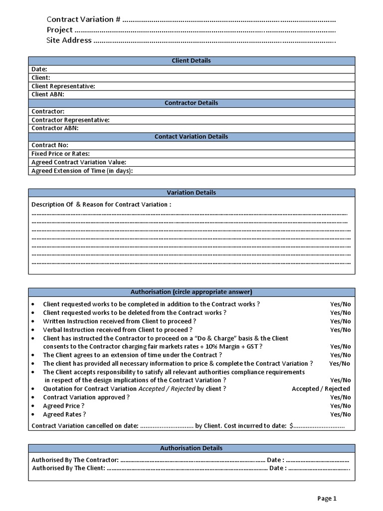 Contract Variation Document Template | PDF