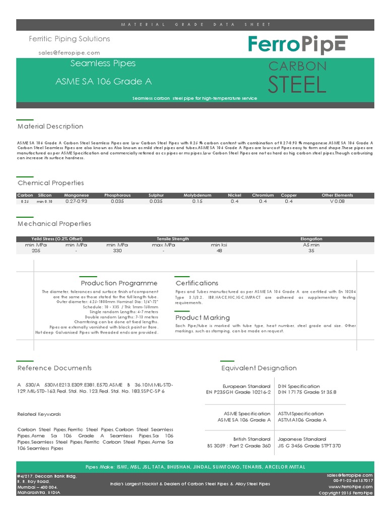 Asme Sa 106 Grade A Pipes | PDF | Pipe (Fluid Conveyance) | Steel