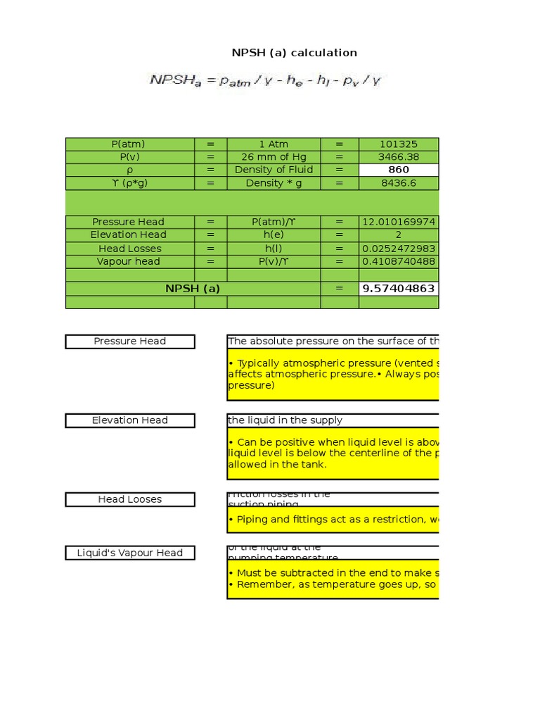 NPSH Calculation Spreadsheet With Sample Looses Values in Meters | PDF