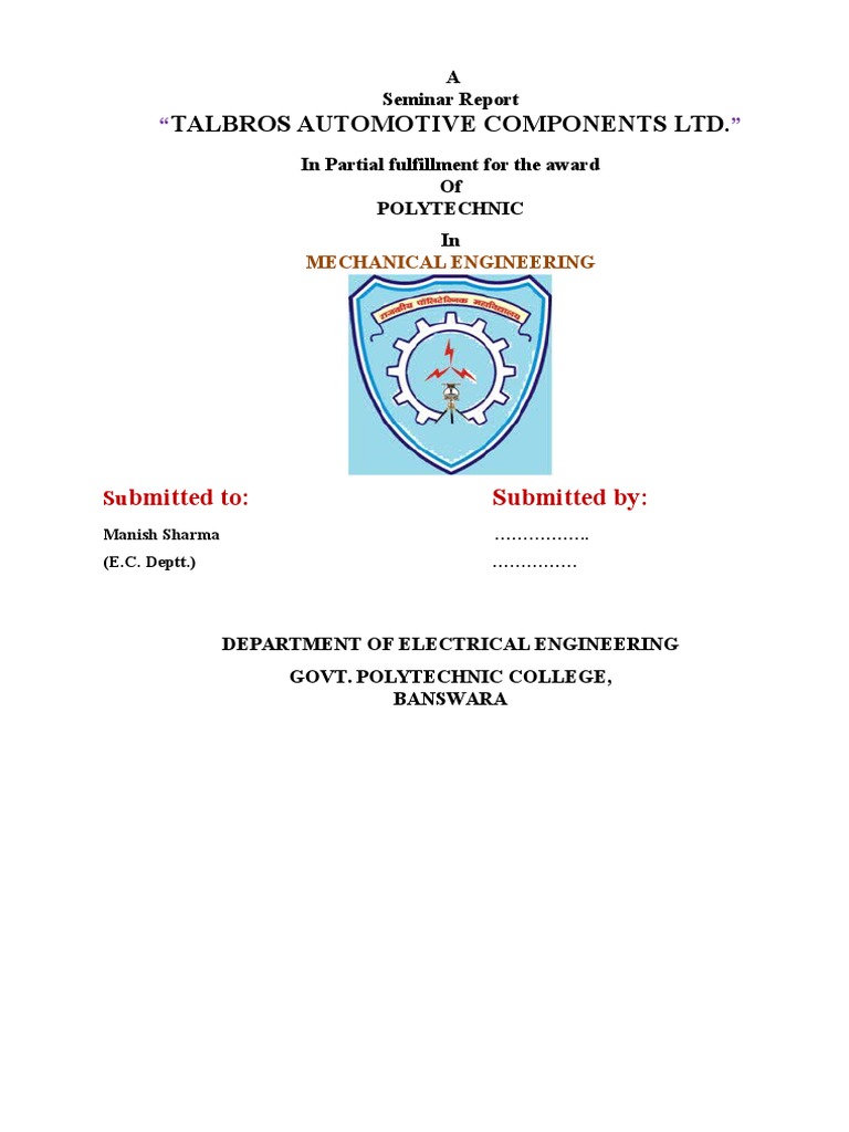 Talbros Automotive Components LTD.: Bmitted To: Submitted by | PDF ...