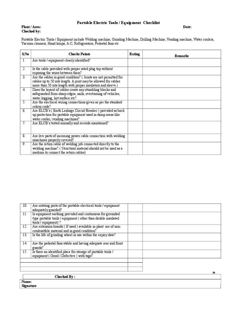 Portable Electric Tools Safety Checklist | PDF