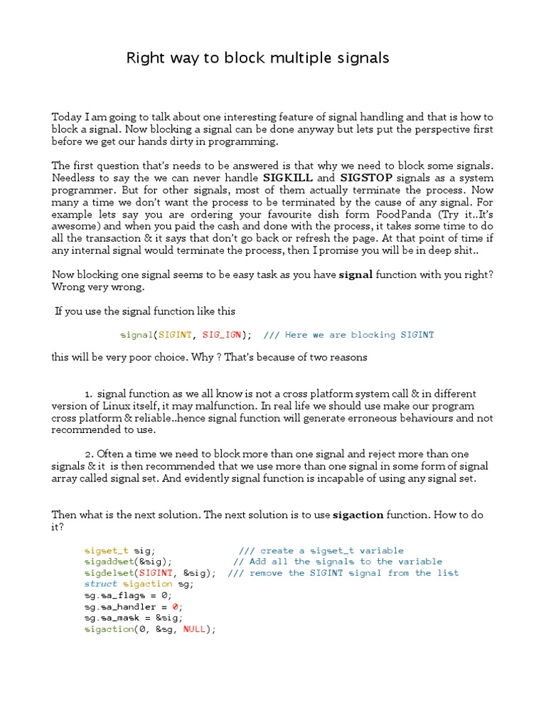 Right Way To Block Multiple Signals: Signal | PDF | Unix | Computer Engineering