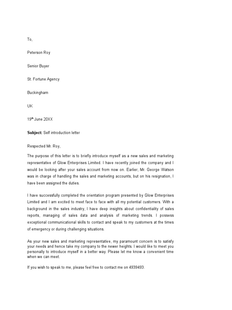 Sales Representative Letter Of Introduction