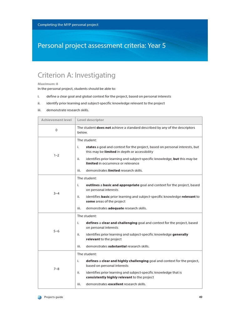 MYP Personal Project Assessment Criteria | PDF | Educational Assessment ...