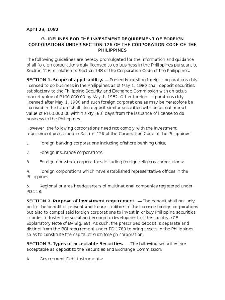 Sec Guidelines For The Investment Requirement of Foreign Corporations ...