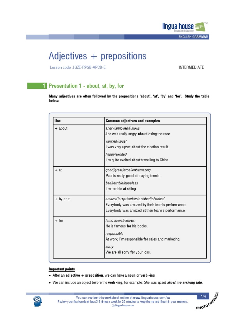 Adjectives and Prepositions Complete Worksheet | PDF | English Grammar ...