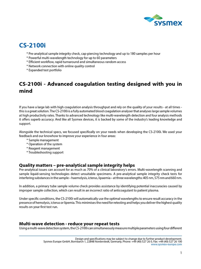 Sysmex CS 2100i | PDF | Coagulation | Science