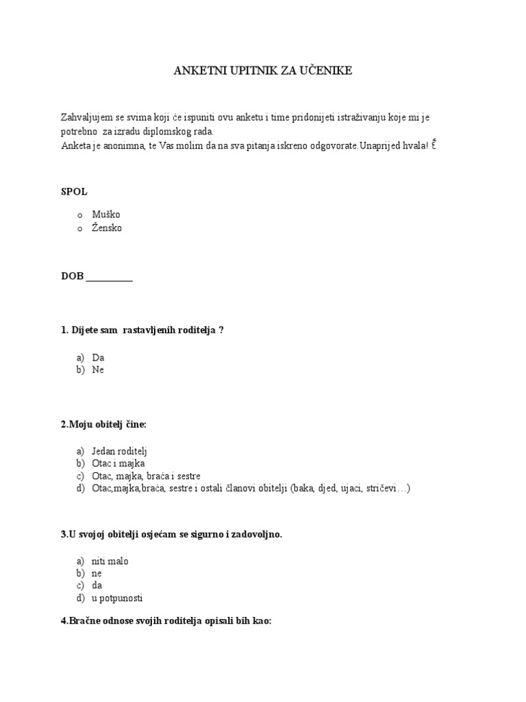 Anketni Upitnik Za Učenike | PDF