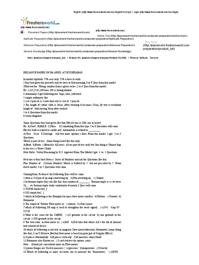 Reliance RIL Placement Paper Aptitude General 29176 | Download Free PDF ...