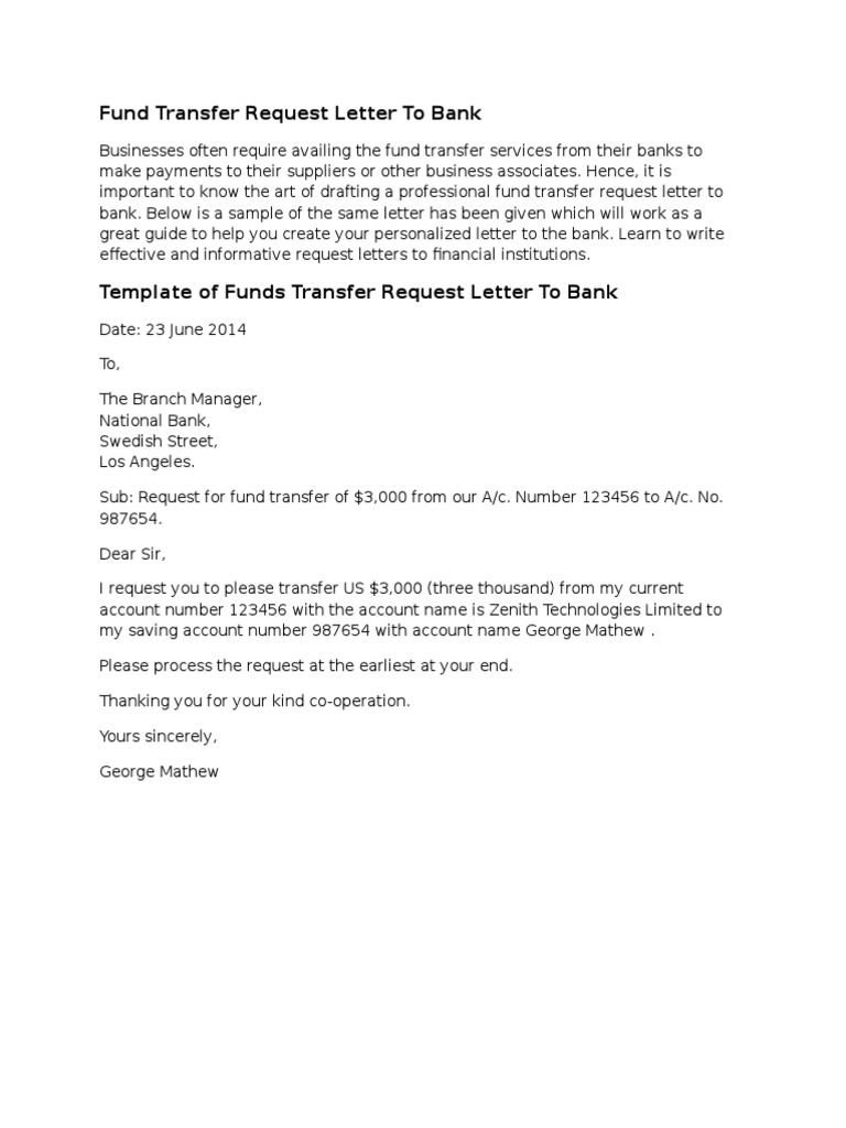 Fund Transfer Request Letter To Bank | PDF | Finance & Money Management