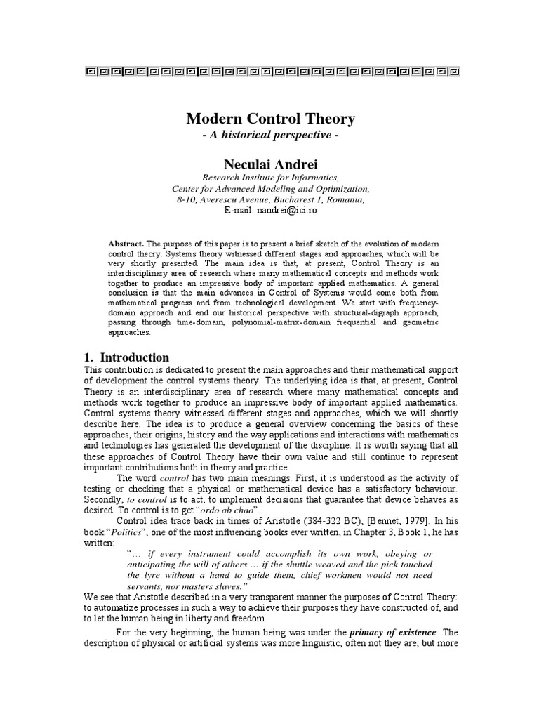 Modern Control Theory A Historical Perspective-Neculai Andrei | PDF