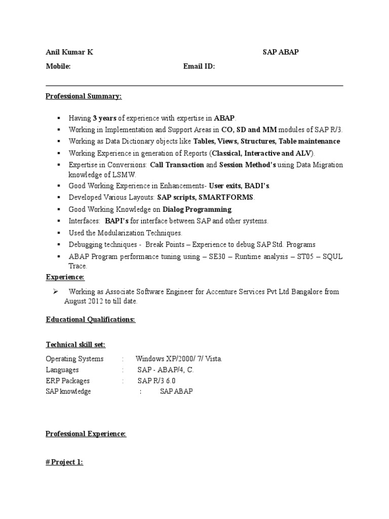 Resume Sap Abap | PDF | Computing | Software