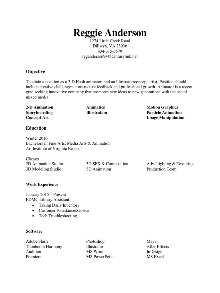 2-D Flash Animator Resume for Reggie Anderson | PDF