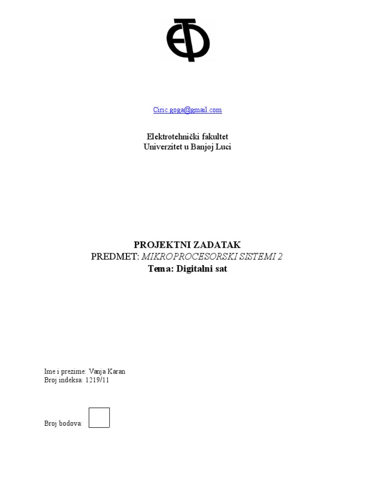 Predmet: Mikroprocesorski Sistemi 2: Projektni Zadatak Tema: Digitalni ...