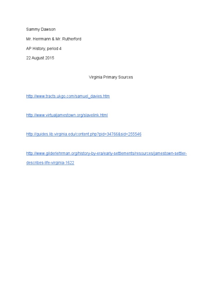 Virginia History Primary Sources | PDF | Social Science | Travel