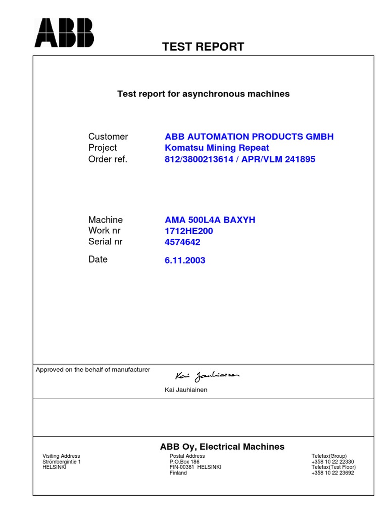 ABB Asynchronous Machine Test Report | PDF | Electrical Components ...