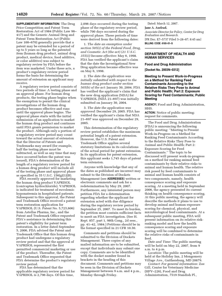 VAPRISOL Patent Term Restoration Details | PDF | Food And Drug ...