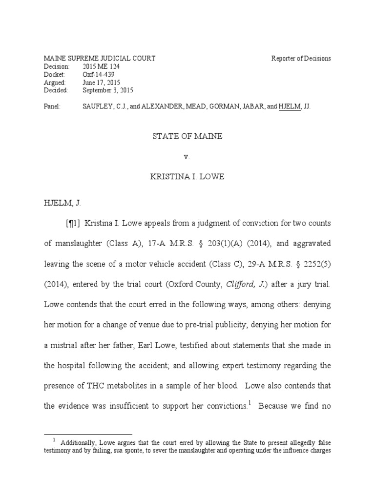 STATE OF MAINE v. KRISTINA I. LOWE | PDF | Recklessness (Law ...