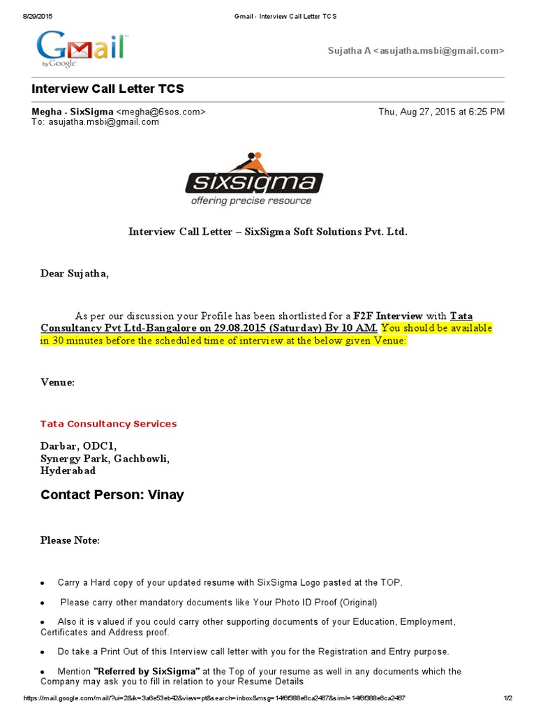 Interview Call Letter TCS: Contact Person: Vinay | PDF