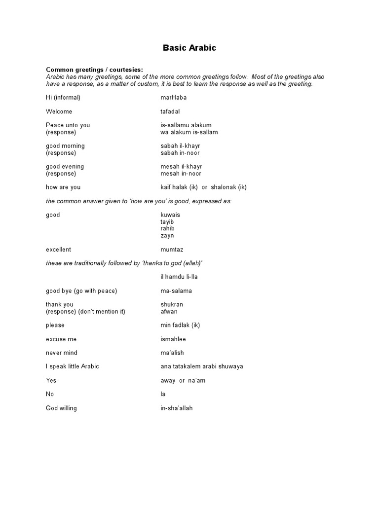 Basic Arabic: Common Greetings / Courtesies | PDF | Grammatical Gender ...