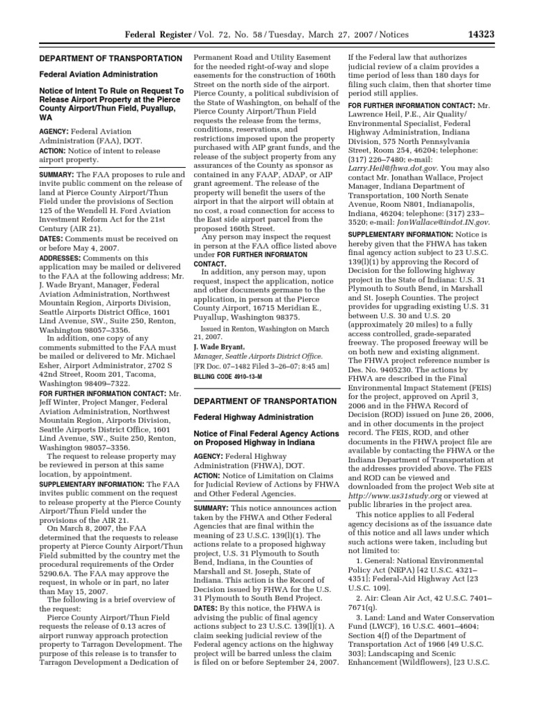Notice: Aeronautical Land-Use Assurance Waivers: Pierce County Airport ...