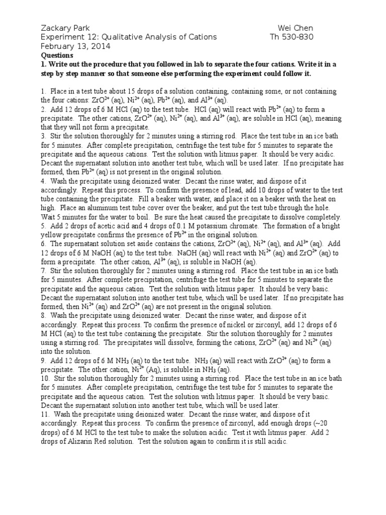 Qualitative Analysis Of Cations Part 2 Pdf Precipitation Chemistry
