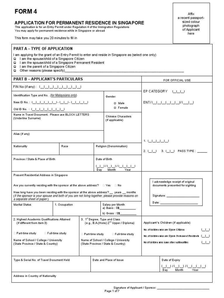 Form 4: Application For Permanent Residence in Singapore | PDF ...