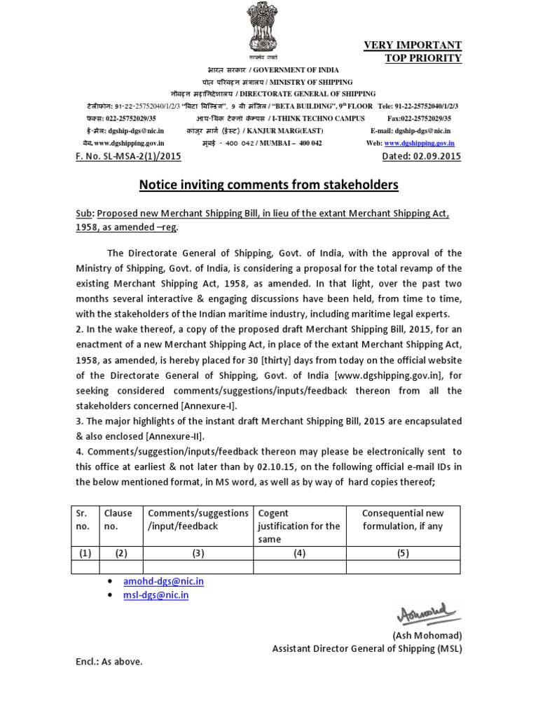 Merchant Shipping Bill 2015 | PDF | Marine Salvage | Ships