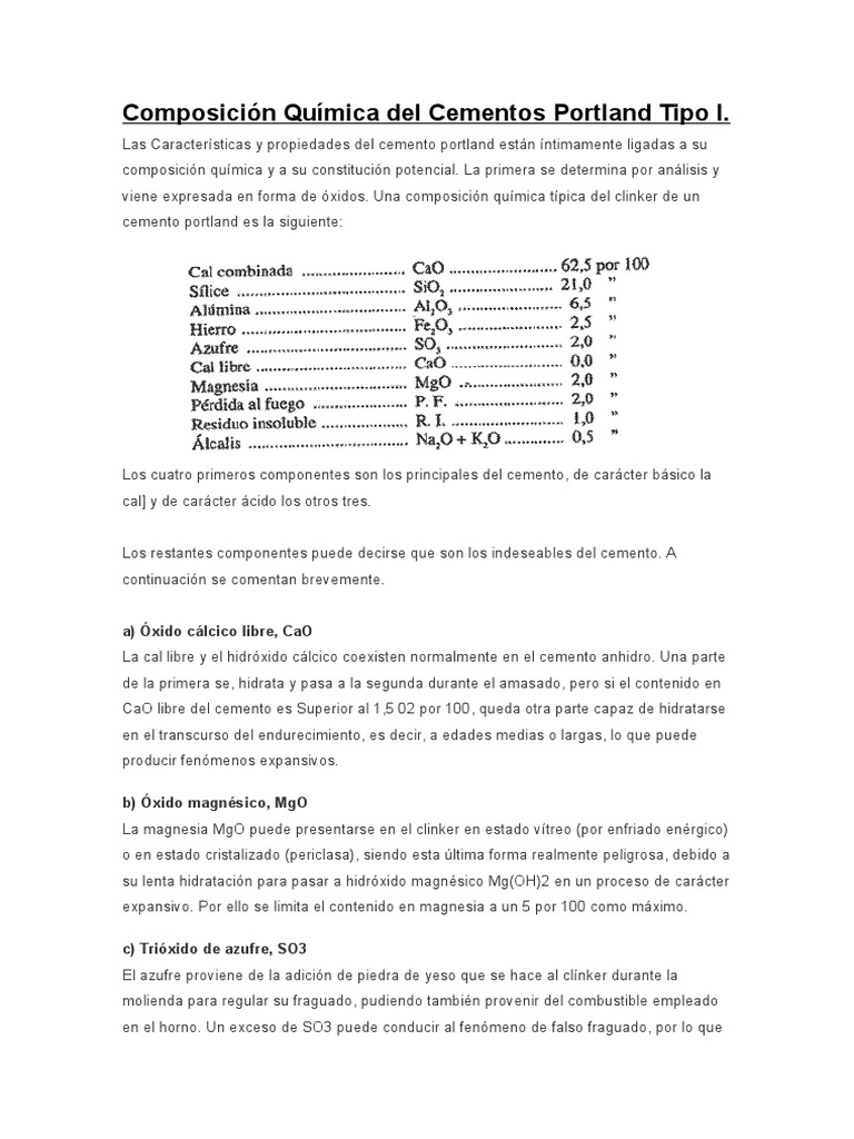 Composición Química Del Cementos Portland Tipo I | PDF | Cemento | Hormigón