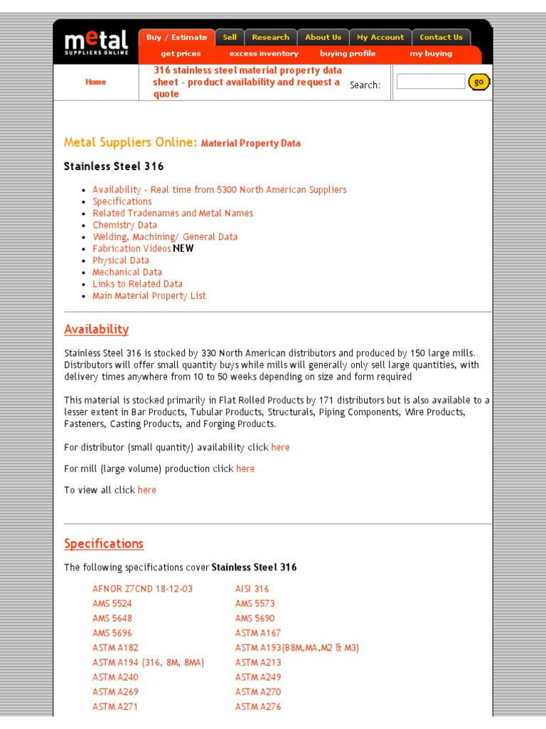 316 Stainless Steel Material Property Data Sheet - Product Availability ...