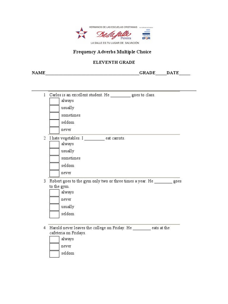 Frequency Adverbs Multiple Choice | PDF
