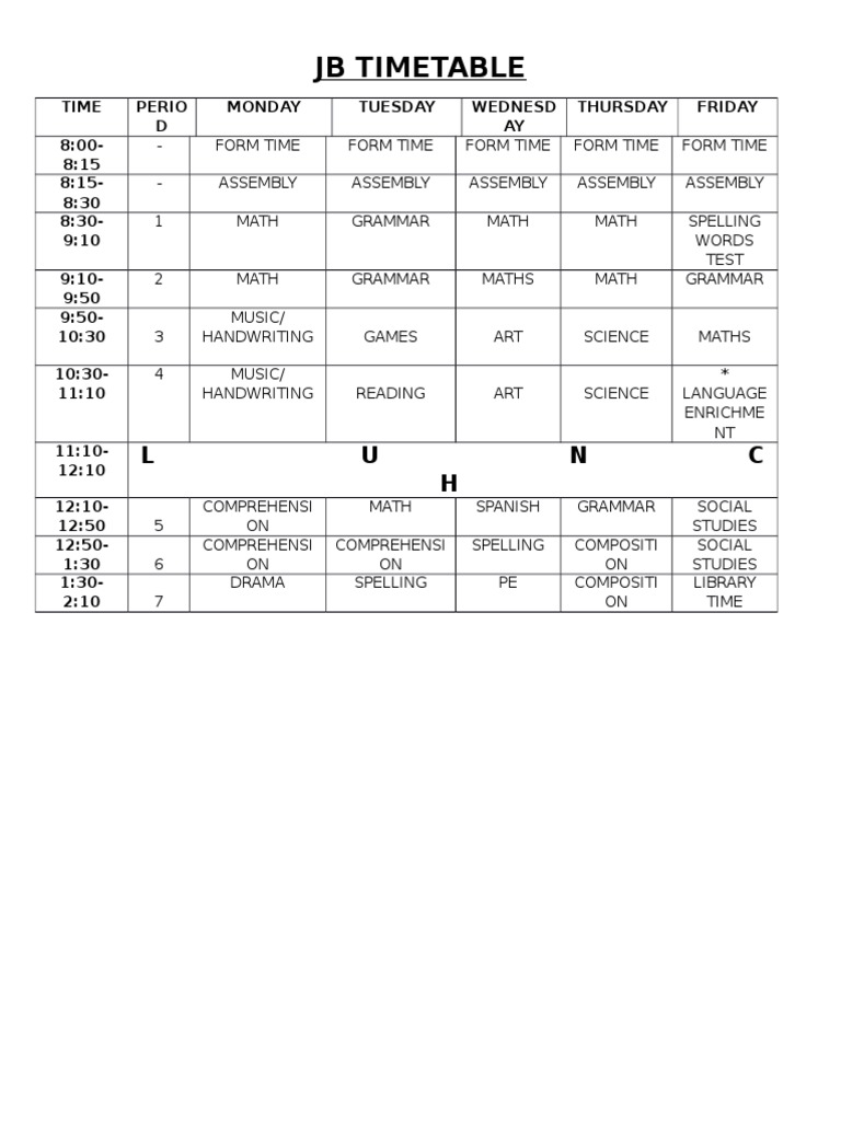 Weekly Class Timetable Overview | PDF | Art