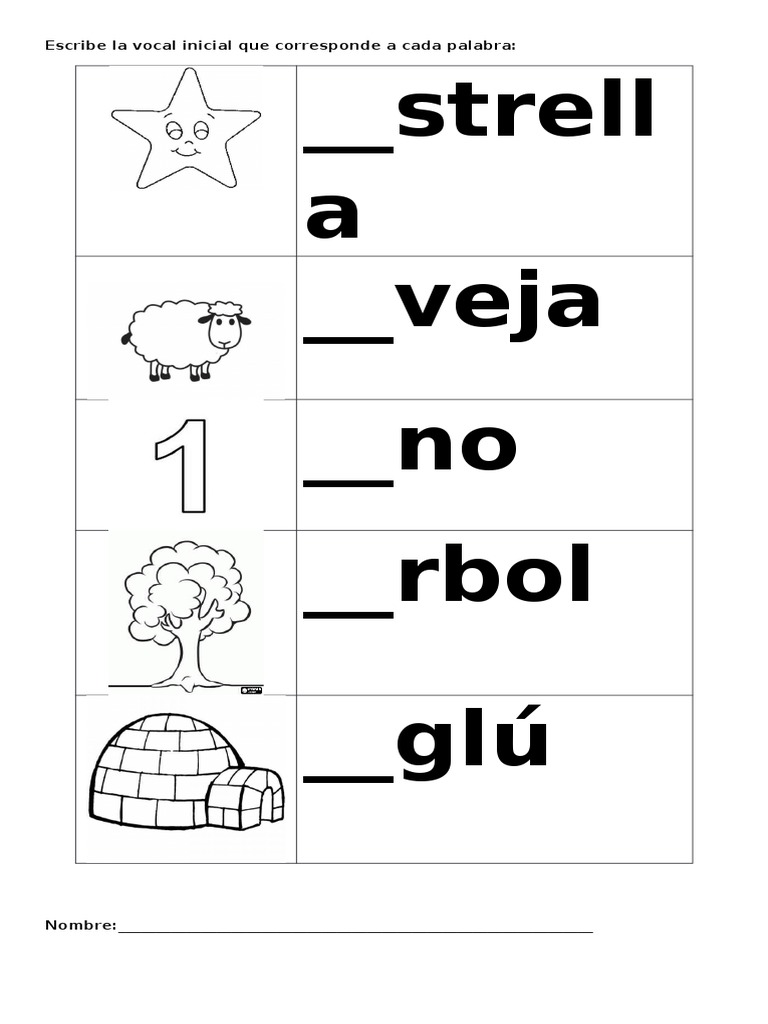 Escribe La Vocal Inicial Que Corresponde A Cada Palabra | PDF