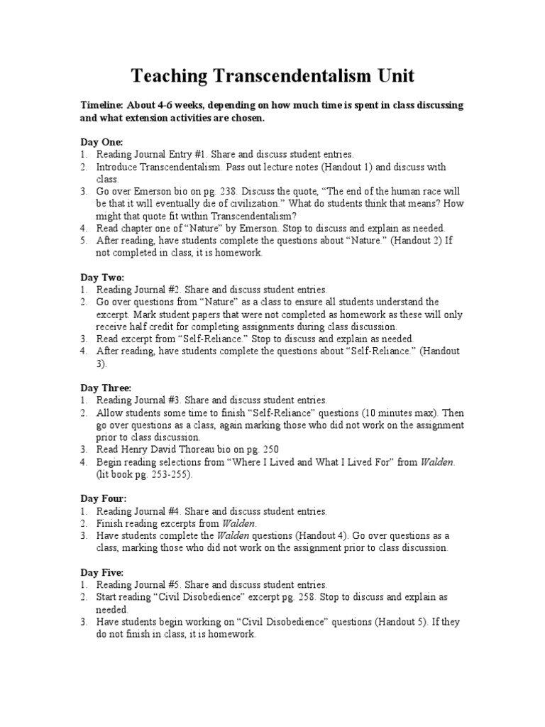 Teaching Transcendentalism Unit | PDF | Henry David Thoreau | Ralph ...