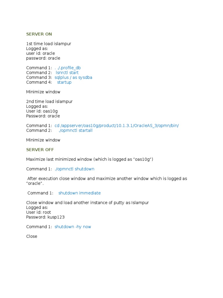 Server On: - ./.profile - DB LSNRCTL Start Sqlplus / As Sysdba Startup | PDF