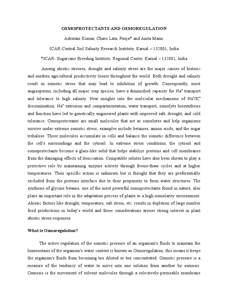 Osmoprotectants and Osmoregulation | PDF | Osmosis | Biochemistry