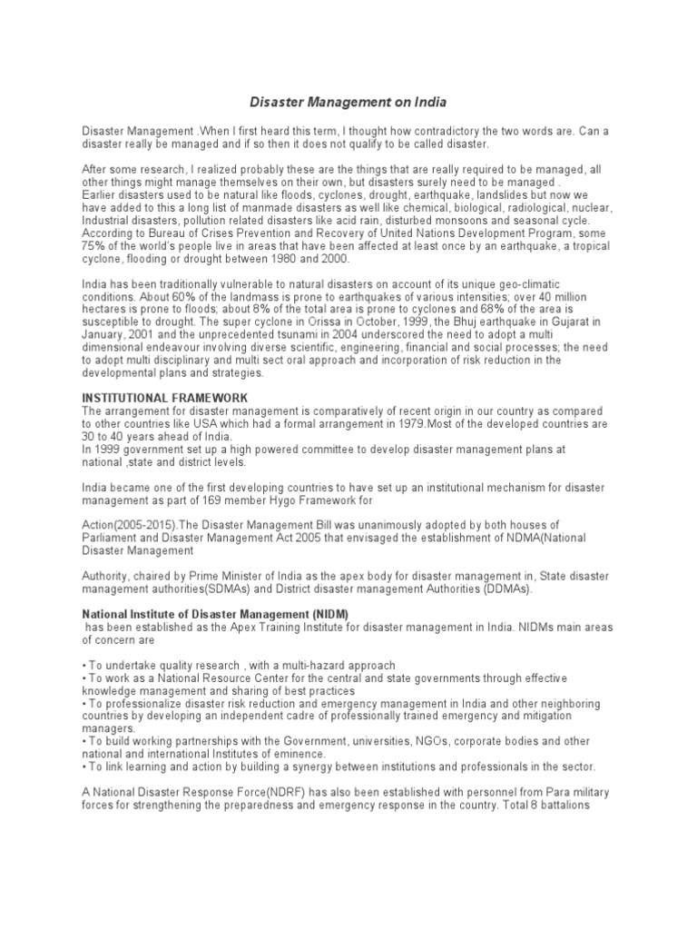 Institutional Framework for Disaster Management in India | PDF ...