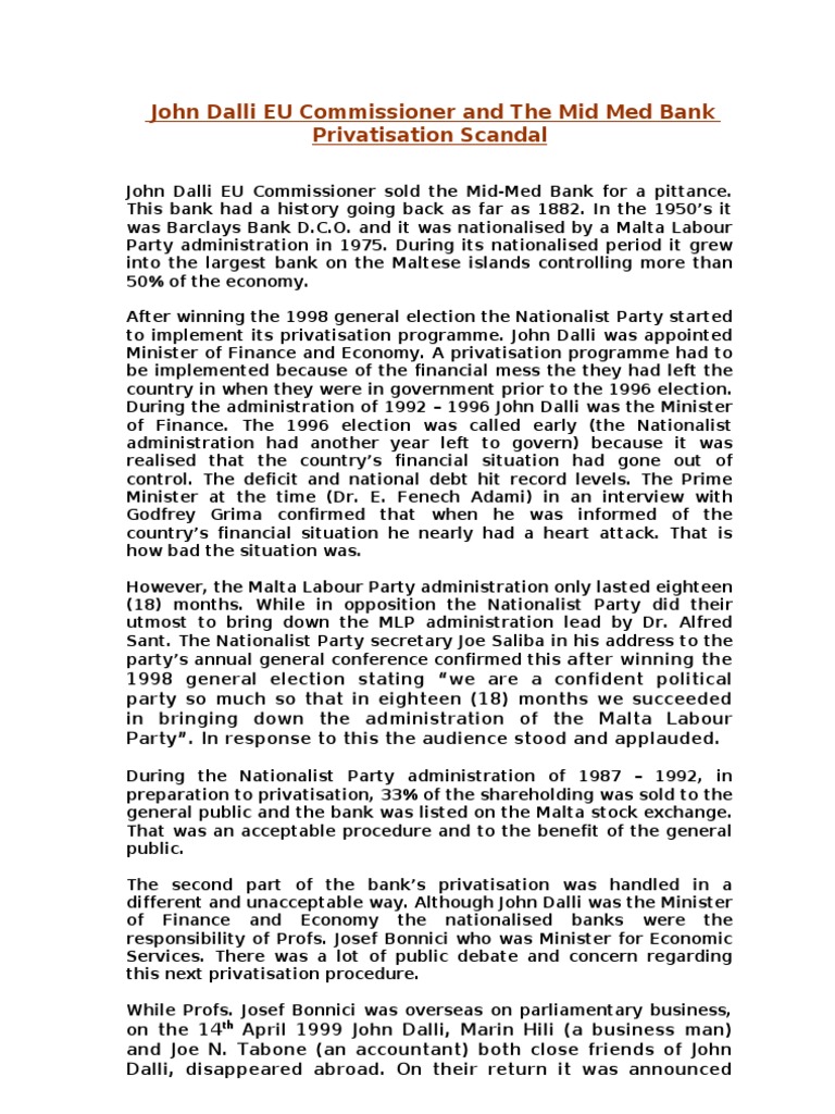 John Dalli EU Commissioner and The Mid - Med Bank Privatisation Scandal ...