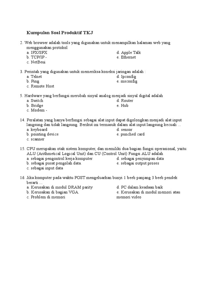 Latihan Soal TKJ - Jaringan Komputer (SMK Islam Darussalam) | PDF